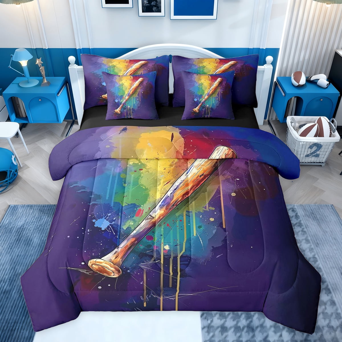 Castle Fairy Baseball Print Bedding Comforter Set 7 Pieces for Boys ...