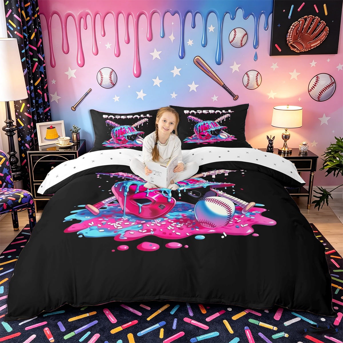 Castle Fairy Baseball Print Bedding, Ice Cream Drip Duvet Cover Full ...