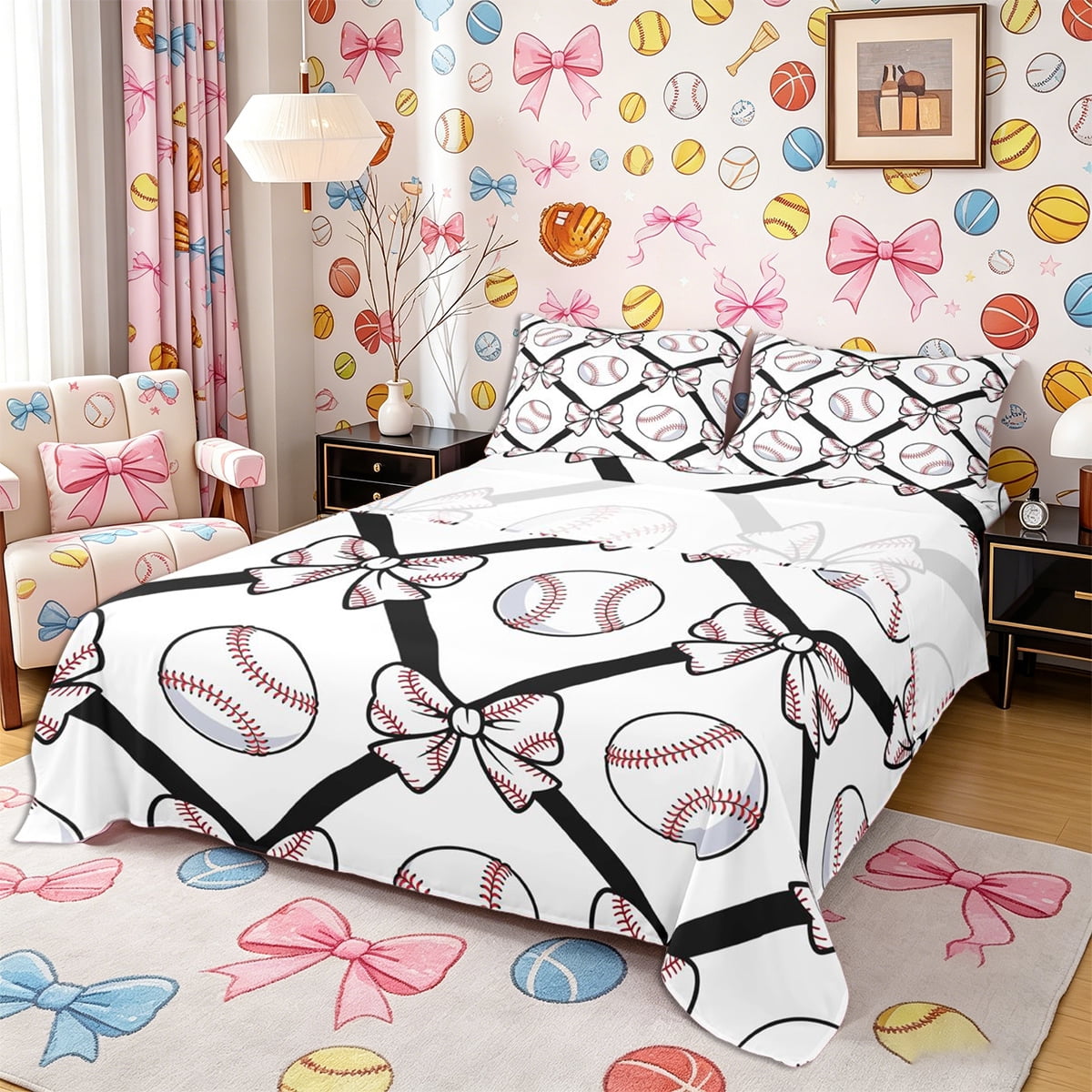 Castle Fairy Baseball Print Bow Bed Sheets 4-Piece, Minimalism Grid ...