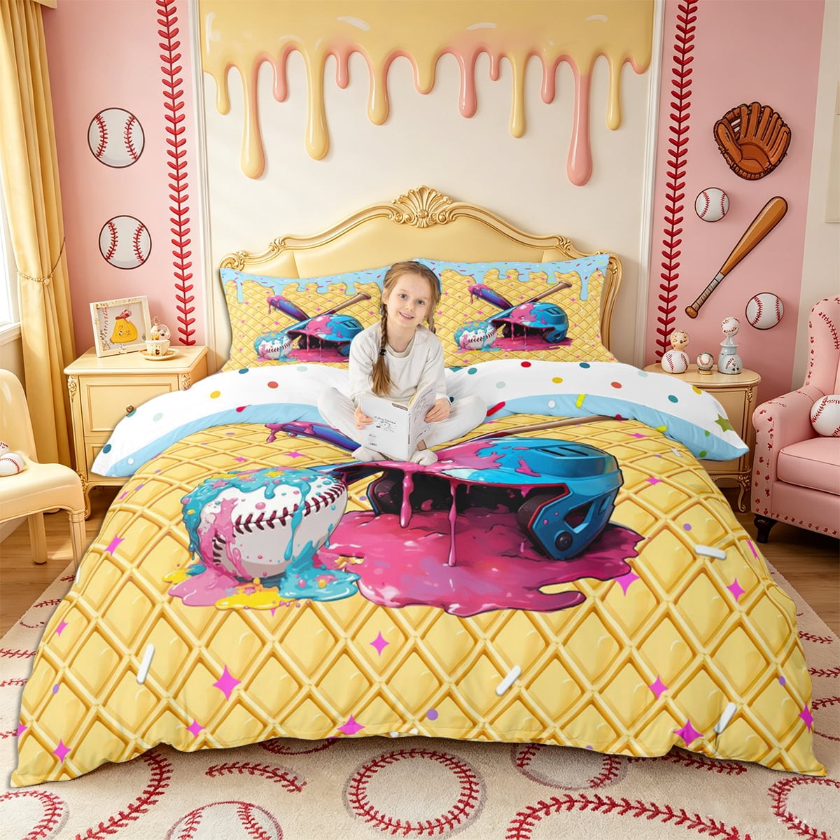 Castle Fairy Baseball Print Duvet Cover Queen, Ice Cream Bat Queen ...