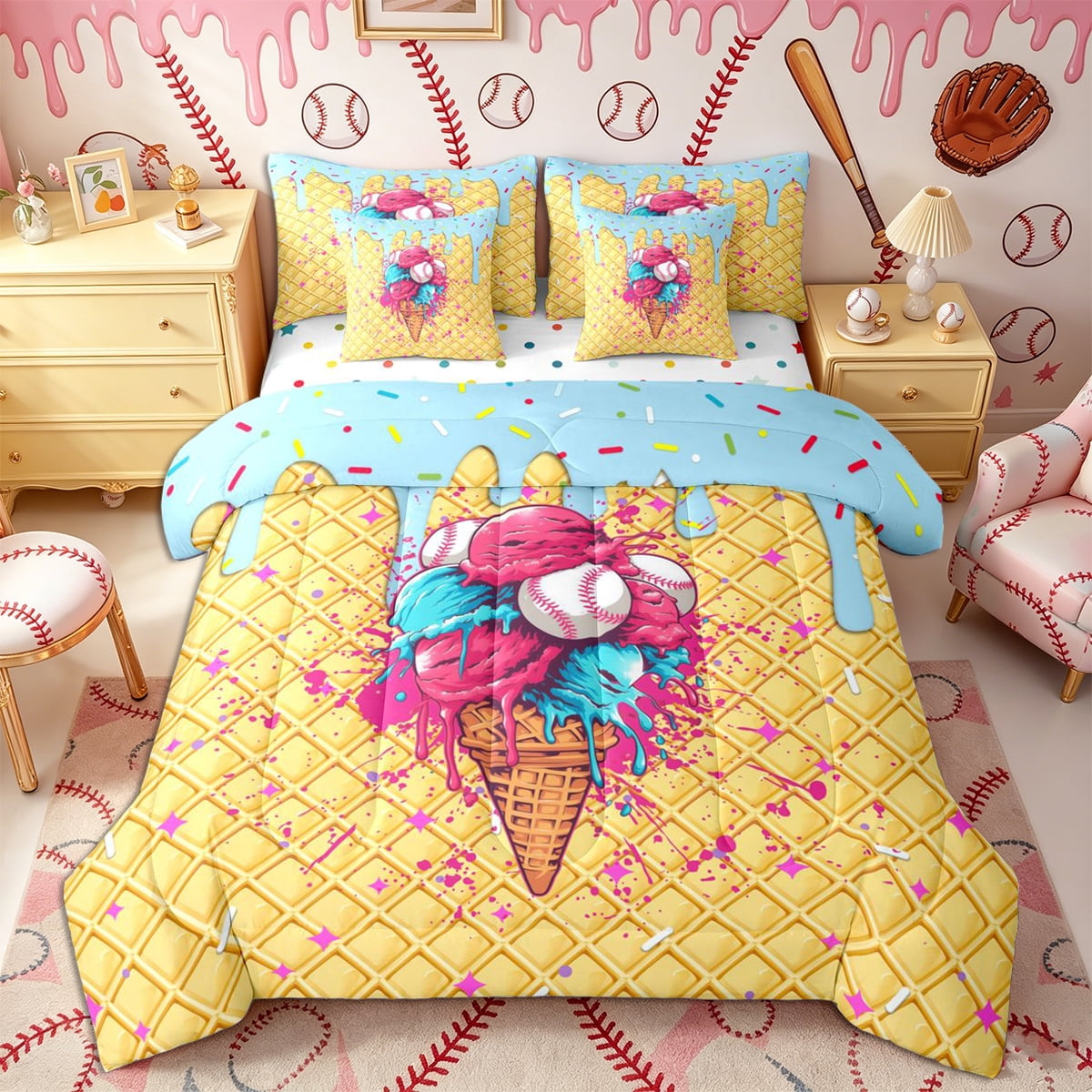 Castle Fairy Baseball Print Full Size Bedding Sets 7 Pieces, Ice Cream ...