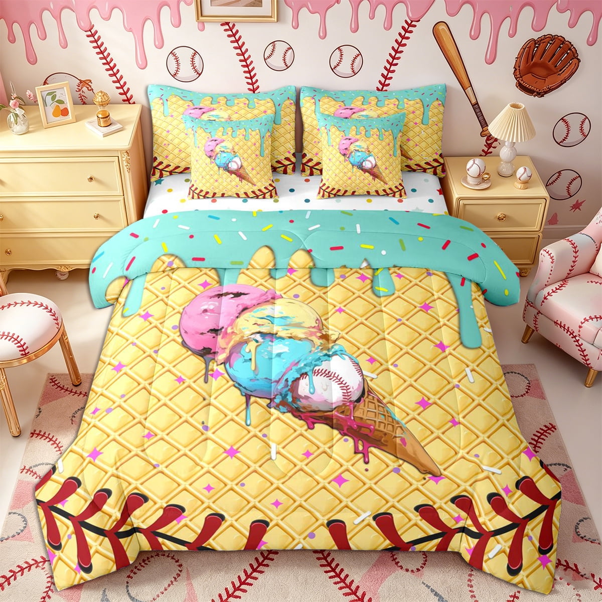 Castle Fairy Baseball Print King Bedding 7pcs, Sport Theme Ice Cream ...