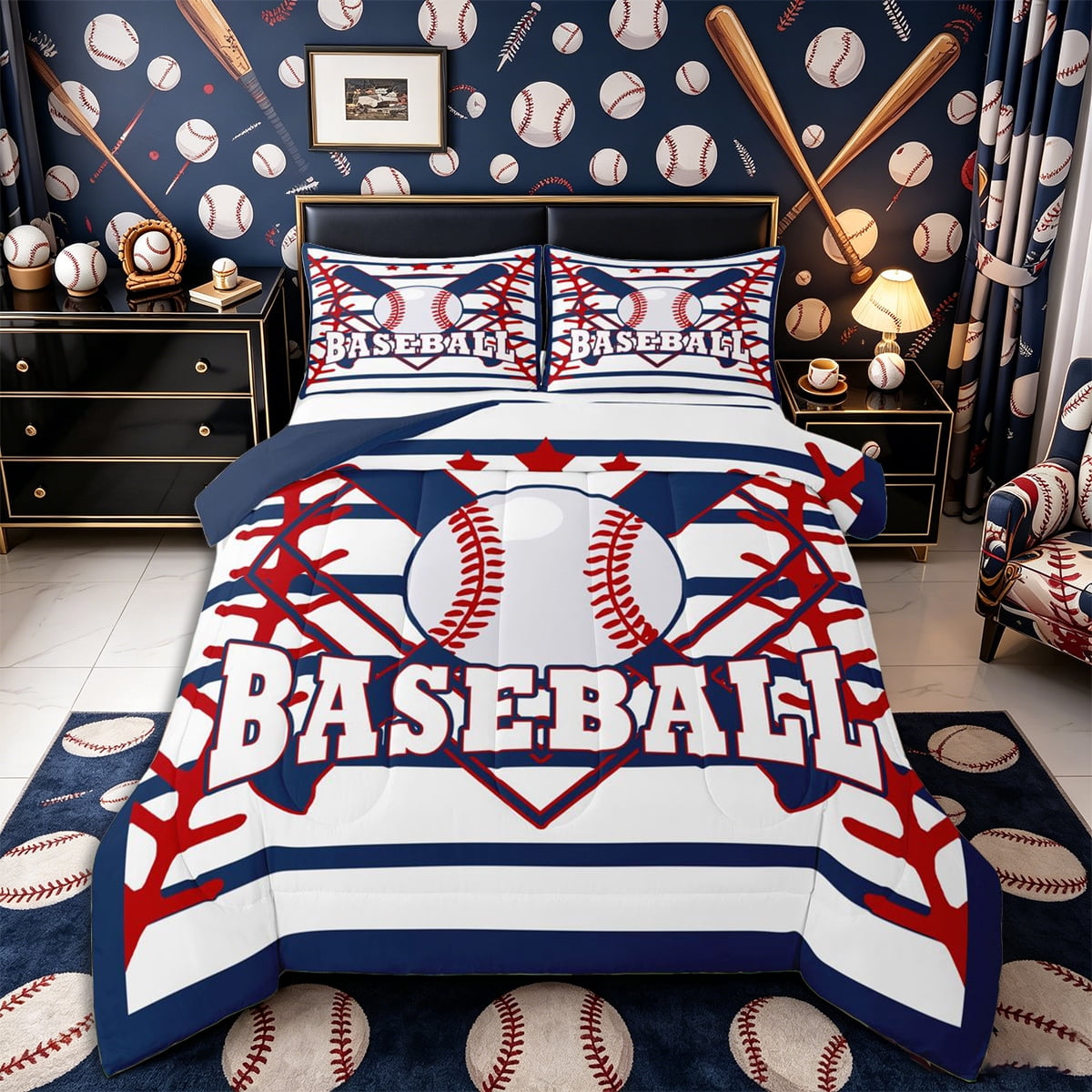 Castle Fairy Baseball Print Queen Comforter Set 3 Pieces, Geometric ...