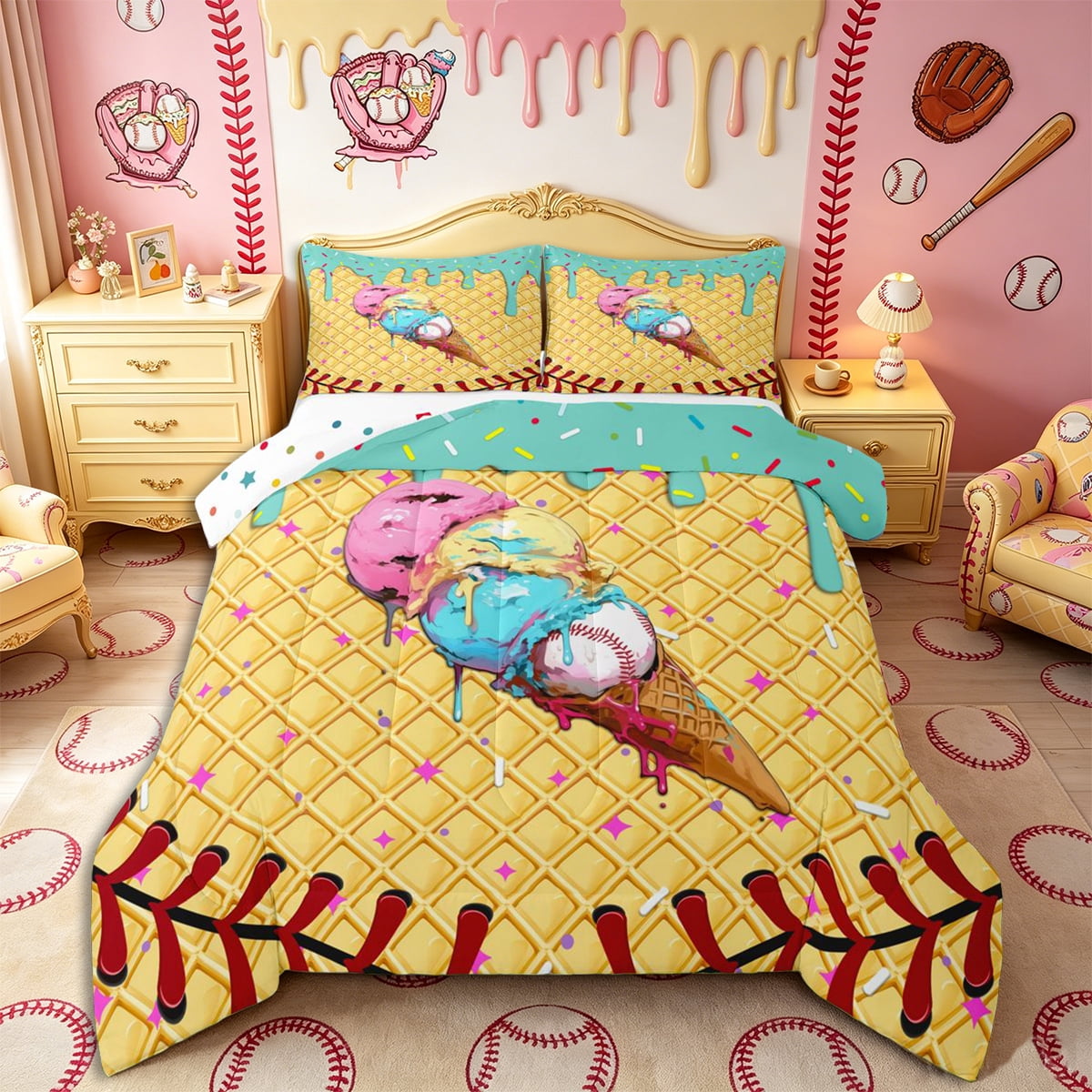 Castle Fairy Baseball Print Queen Comforter Set 3 Pieces, Sport Theme ...