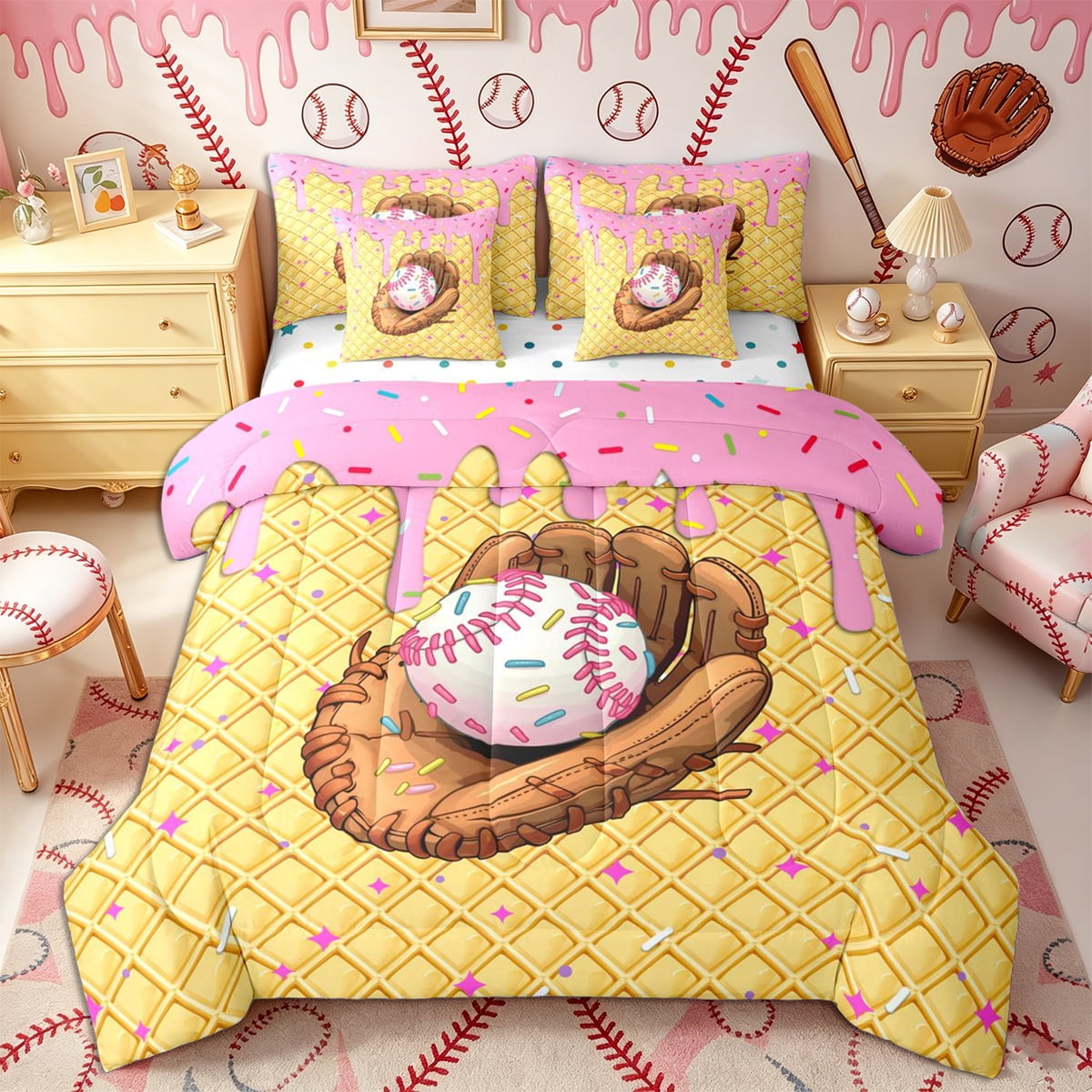 Castle Fairy Baseball Print Twin Bedding 7-Piece, Ice Cream Glove ...