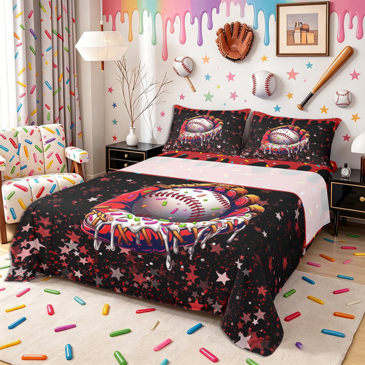 Castle Fairy Baseball Red Glove King Sheets 4pcs, Stars Print Ice Cream ...