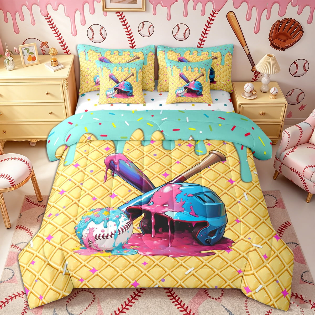 Castle Fairy Baseball Sport Full Size Bedding Sets 7 Pieces, Ice Cream ...
