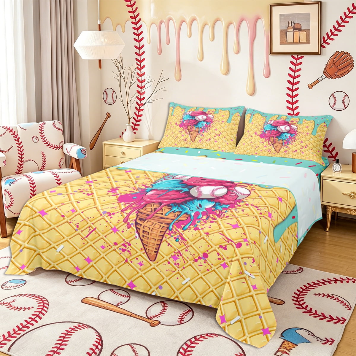 Castle Fairy Baseball Sport King Sheets 4pcs, Ice Cream Cone Pattern ...
