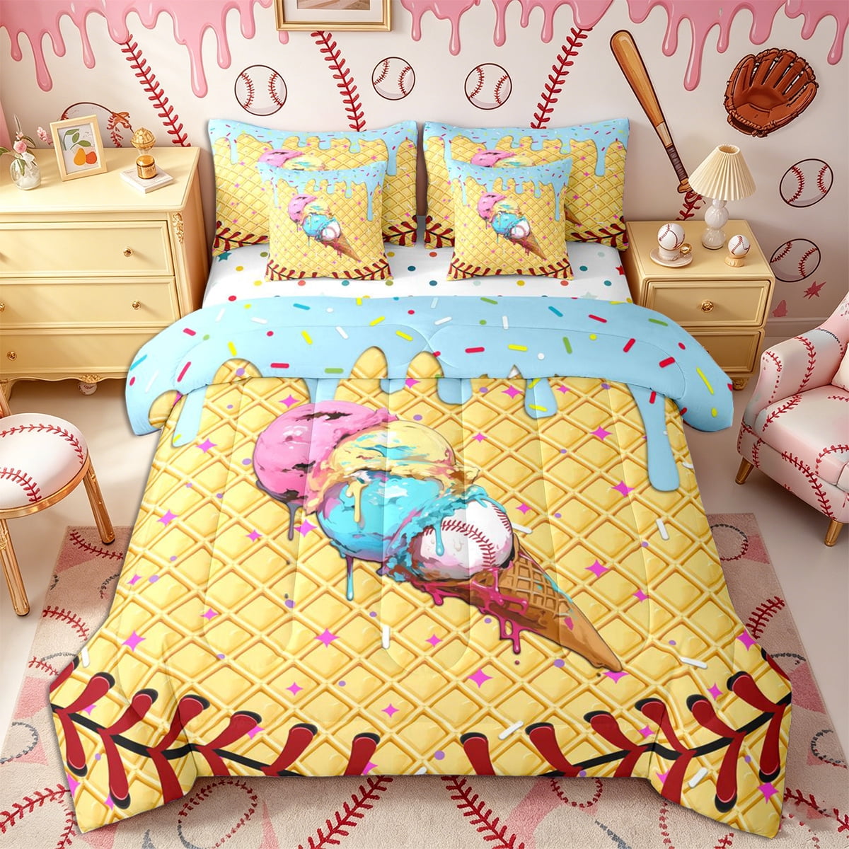 Castle Fairy Baseball Sport Twin Bedding 7-Piece, Blue Ice Cream Drip ...