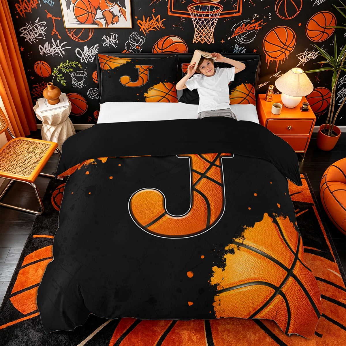 Castle Fairy Basketball Letter J Bedding, Sport Graffiti Splash Duvet ...