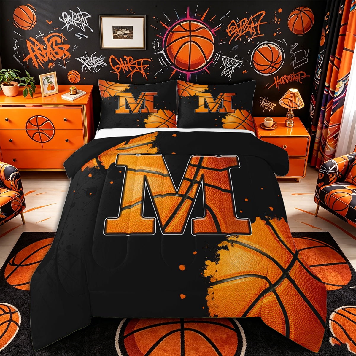 Castle Fairy Basketball Letter M Full Size Comforter Sets 3-Piece ...