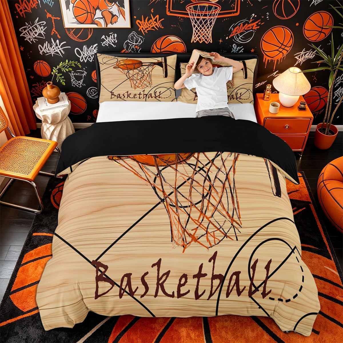 Castle Fairy Basketball Print Bedding, Hoop Pattern Duvet Cover Full ...