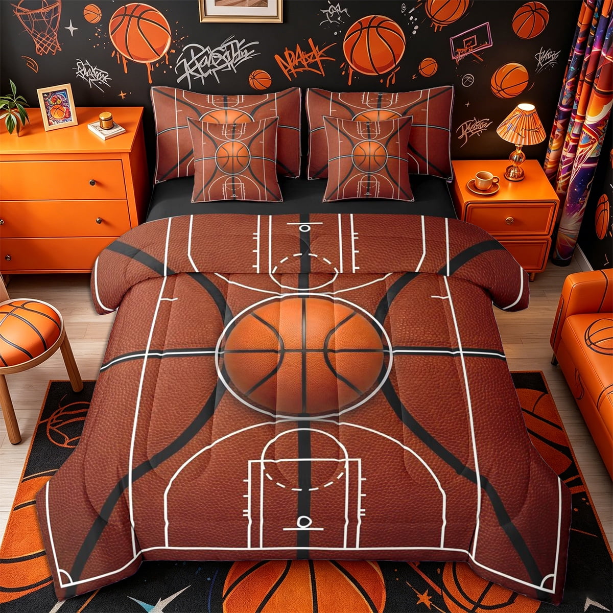 Castle Fairy Basketball Print King Bedding 7pcs, Leather Ball Pattern ...