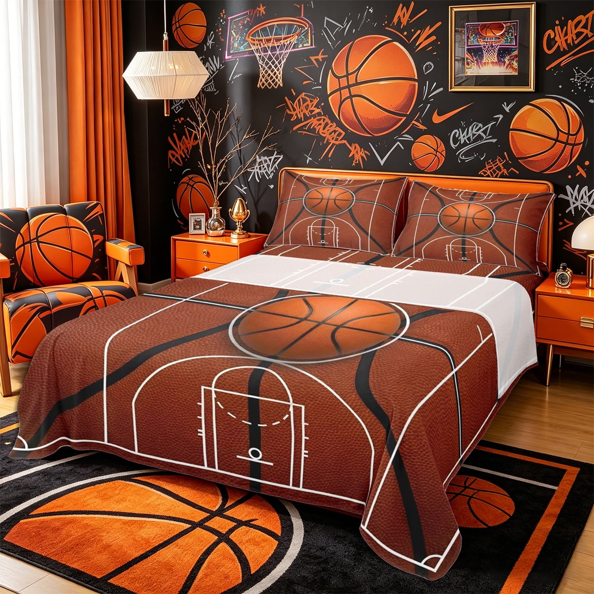 Castle Fairy Basketball Print King Sheets 4pcs, Leather Ball Pattern ...