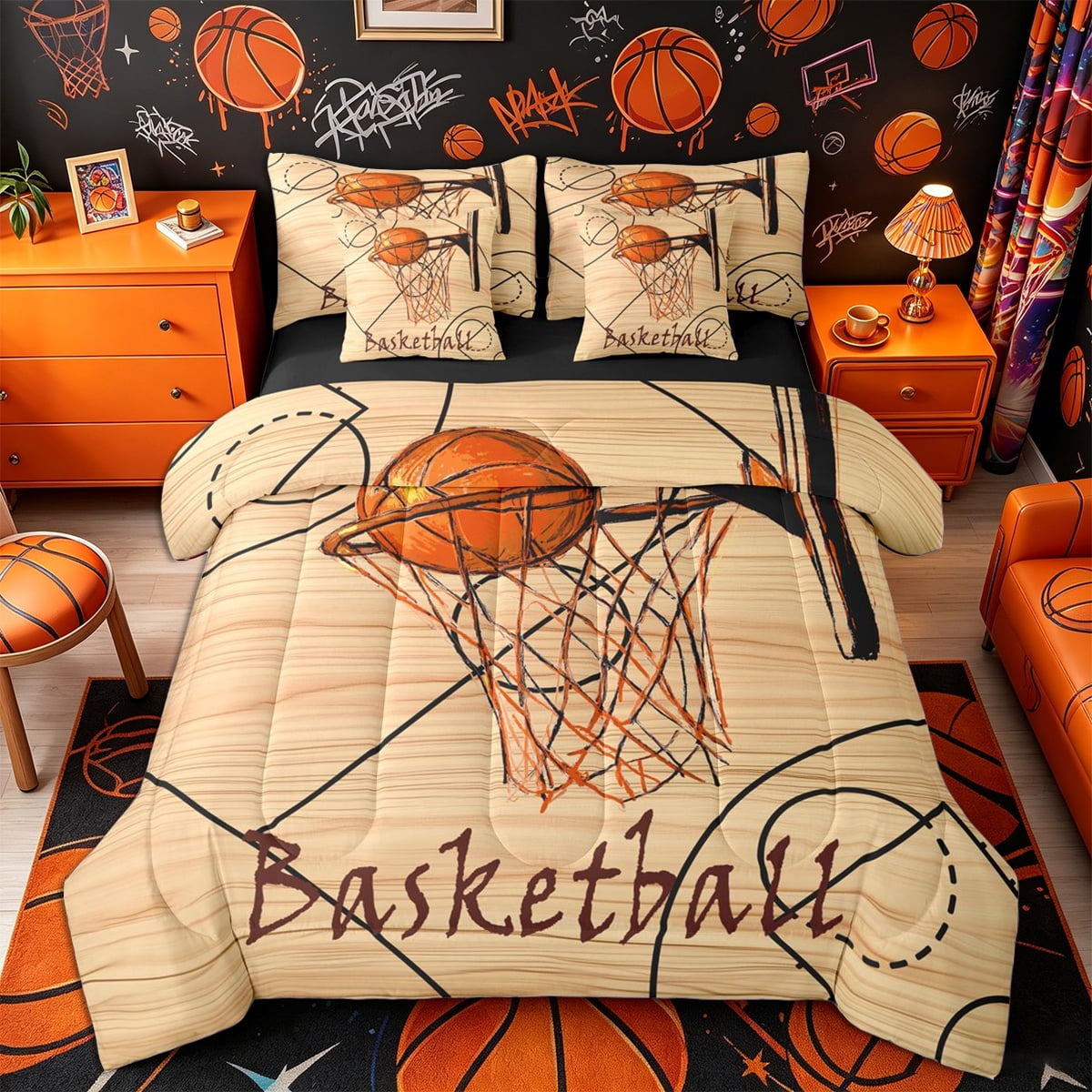Castle Fairy Basketball Print Queen Bedding 7pcs, Hoop Pattern Bedding ...