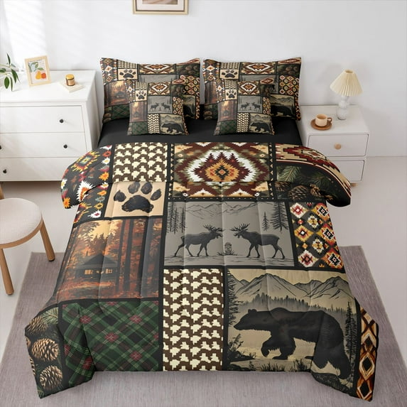Castle Fairy Bear Deers Wildlife Bedding Comforter Set,Abstract Plaid ...