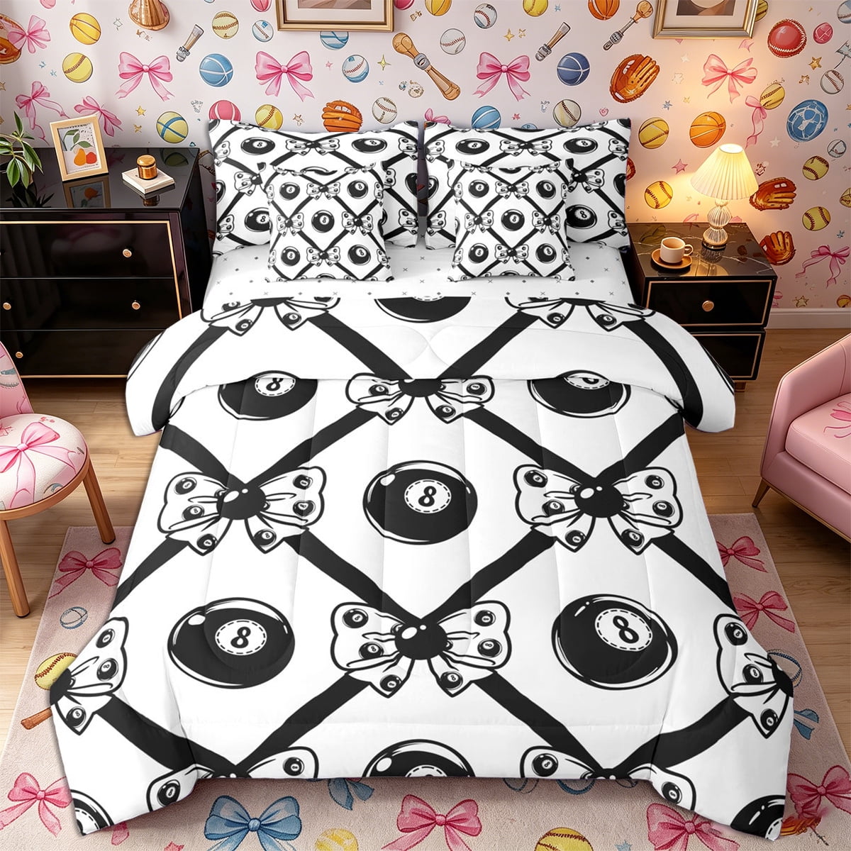 Castle Fairy Black Billiards King Bedding 7pcs, Sport Theme Bow King ...