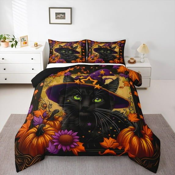 Castle Fairy Black Cat 3-Piece Full Size Comforter Sets,Floral Pumpkin ...