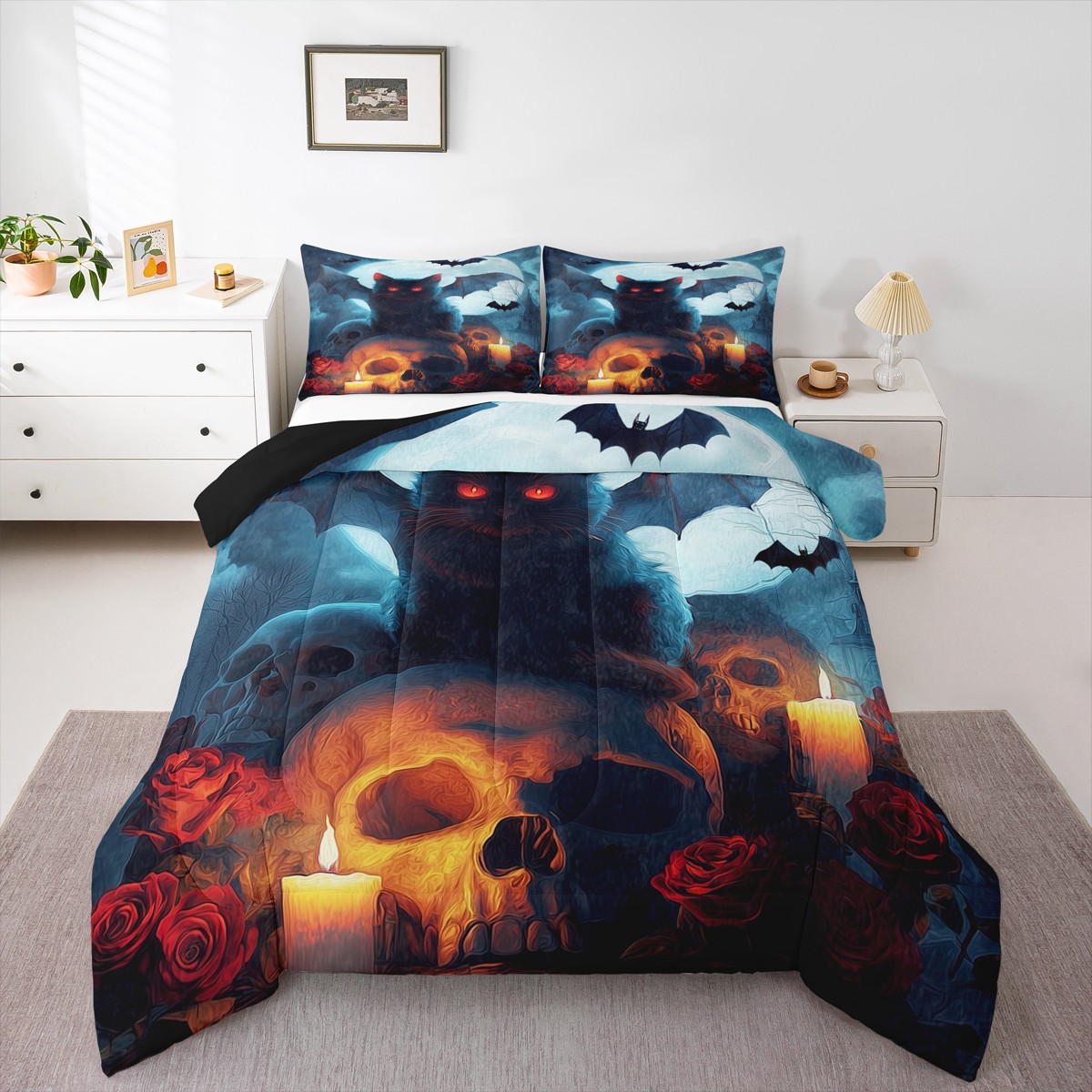 Castle Fairy Black Cat 3-Piece Full Size Comforter Sets for Teens,Happy ...