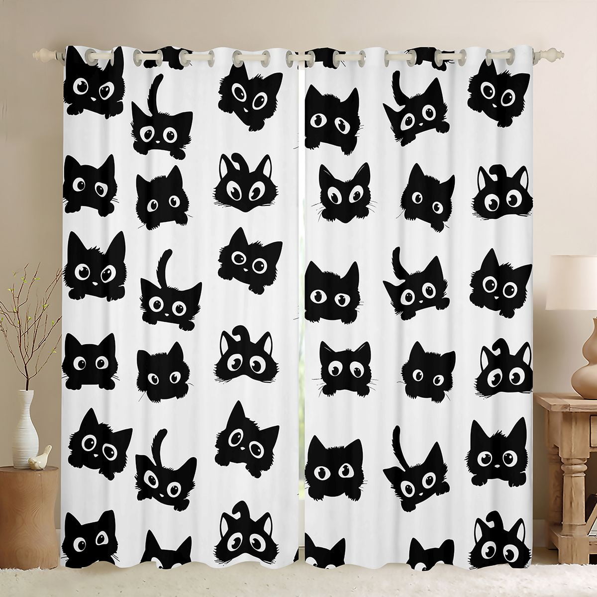 Castle Fairy Black Cat Black Out Curtains,Gothic Animal Curtains Pack ...