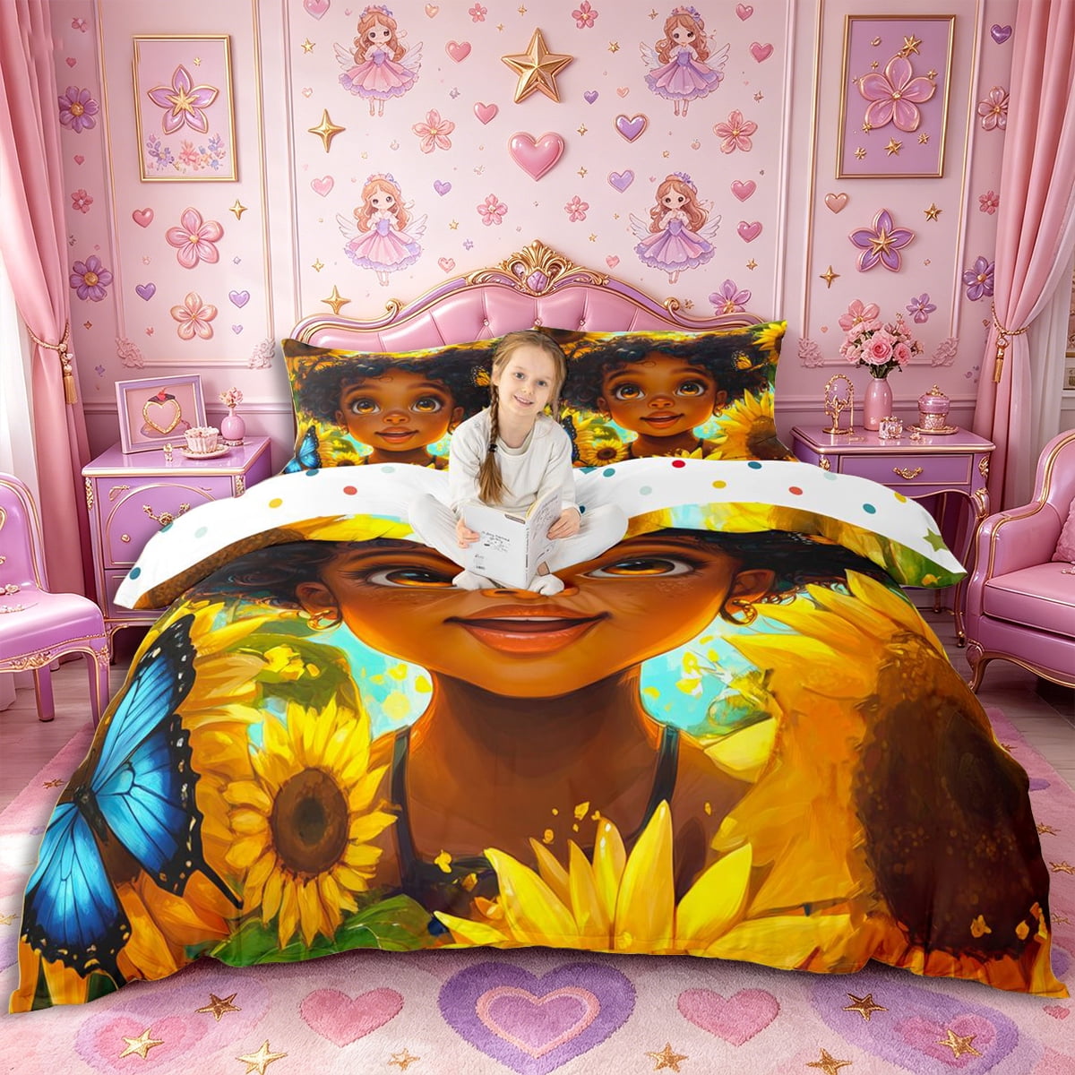 Castle Fairy Black Cute Girl Duvet Cover King,Sunflower Butterfly Print ...