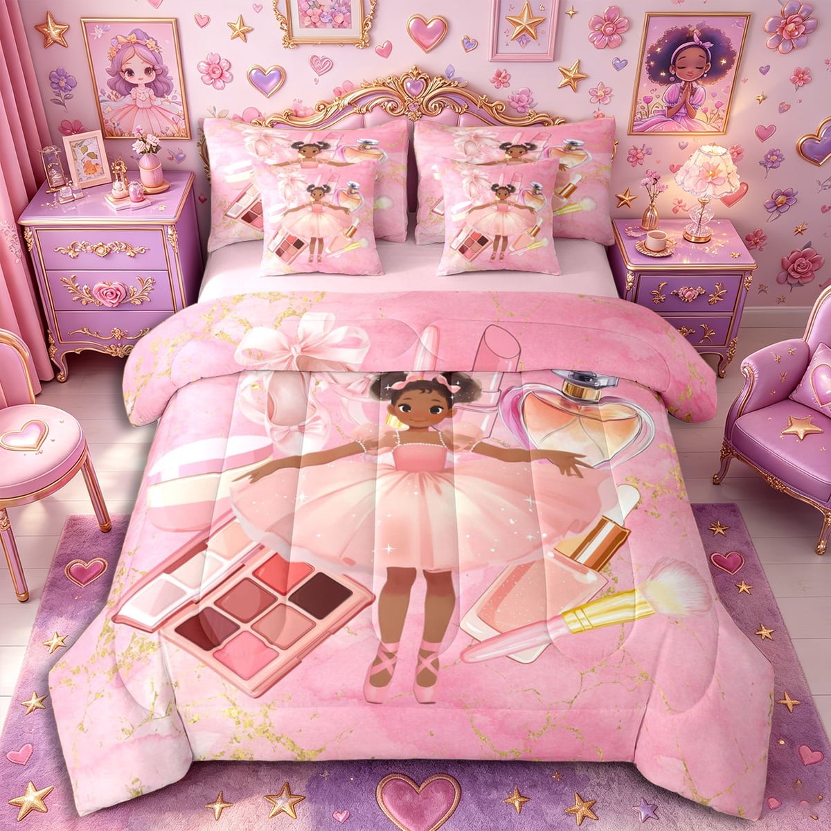 Castle Fairy Black Cute Girl Twin Bedding 7-Piece,Gradient Marble Pink ...