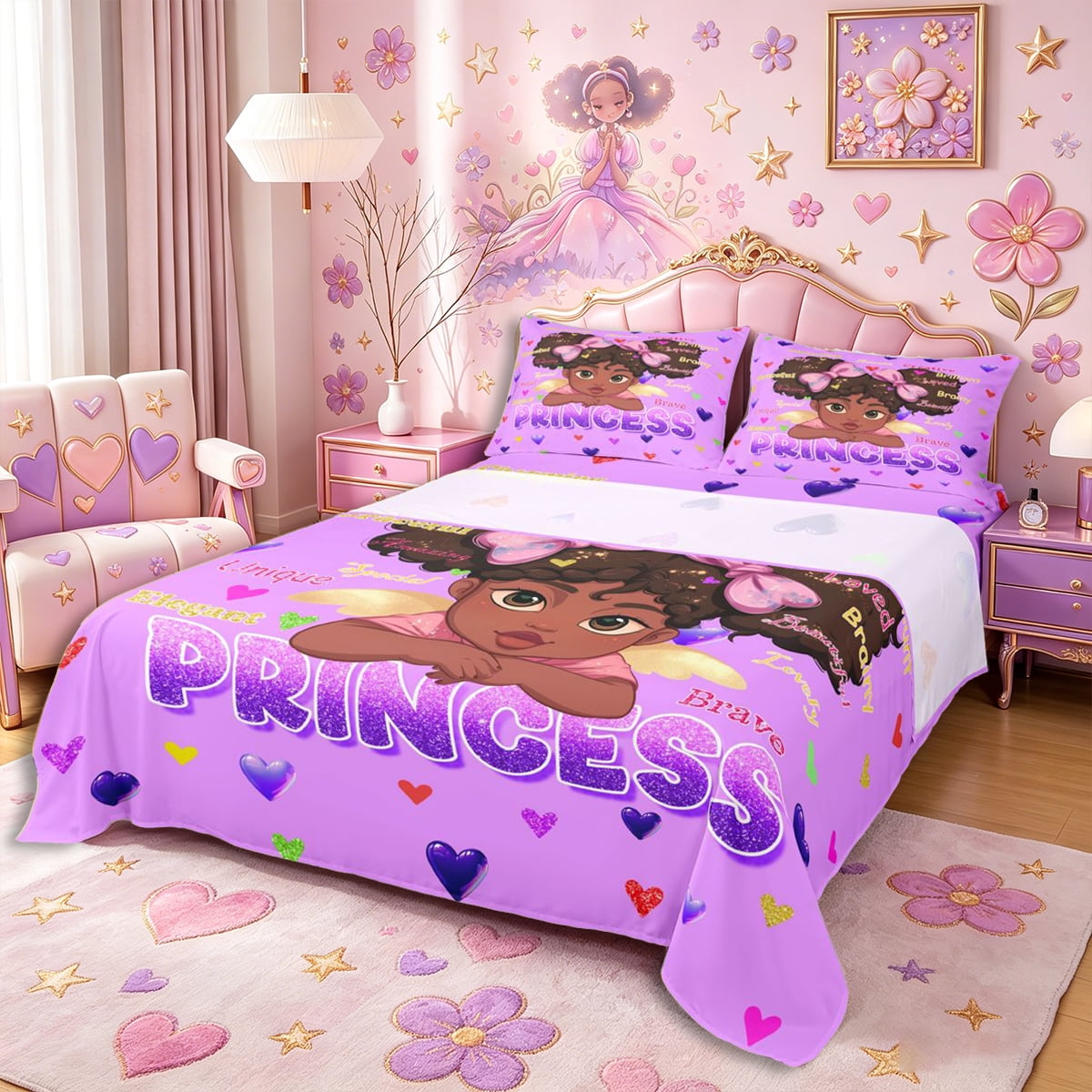 Castle Fairy Black Cute Princess Bed Sheets 4-Piece,Heart Bow Design ...