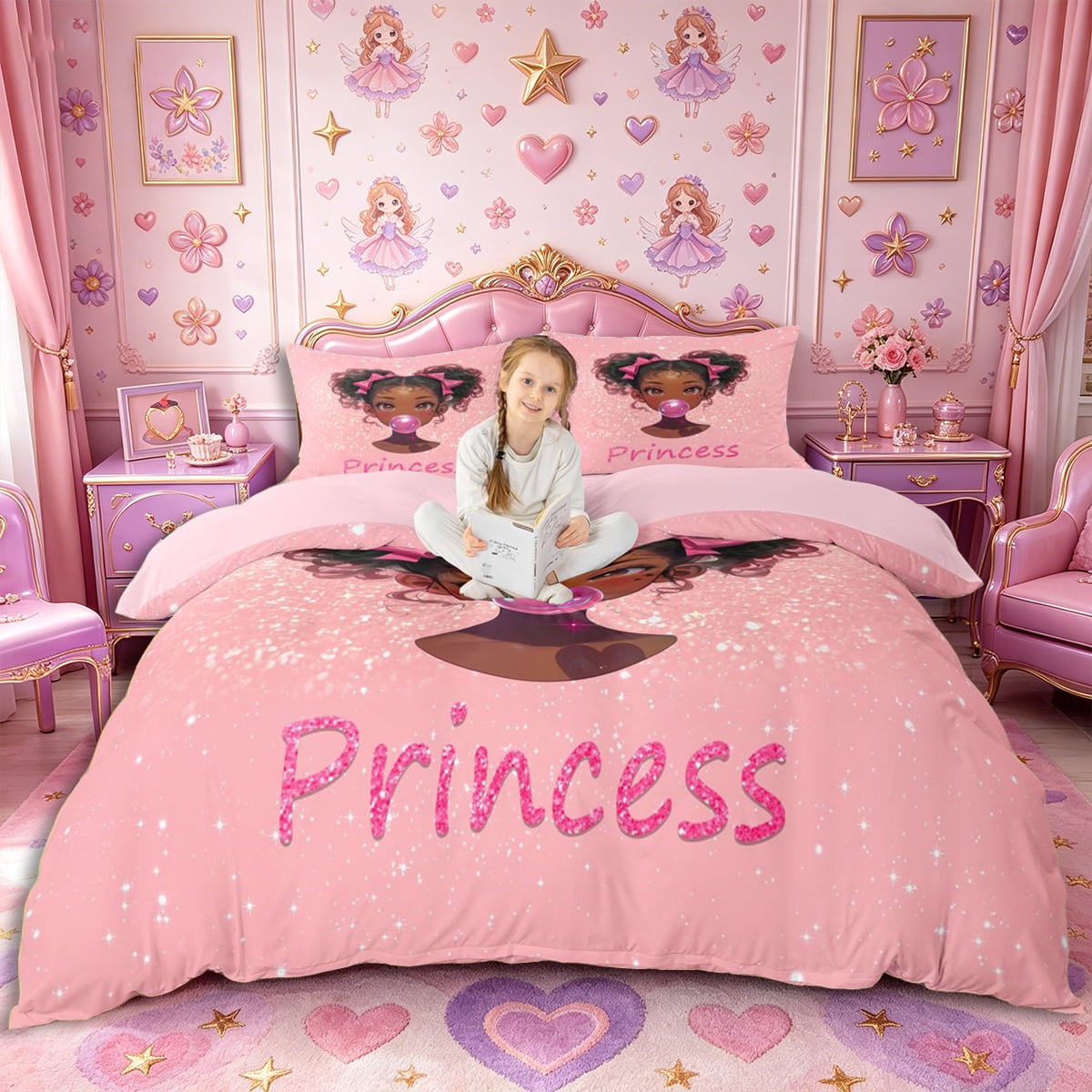 Castle Fairy Black Cute Princess Bedding,Dreamy Glitter Print Duvet ...