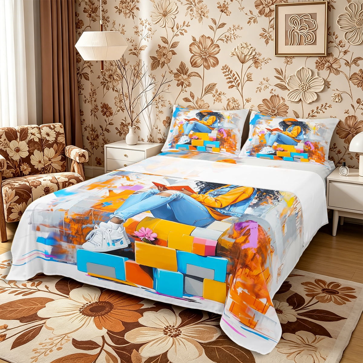 Castle Fairy Black Girl Bed Sheets 4-Piece,Colorful Plaid Graffiti Full ...