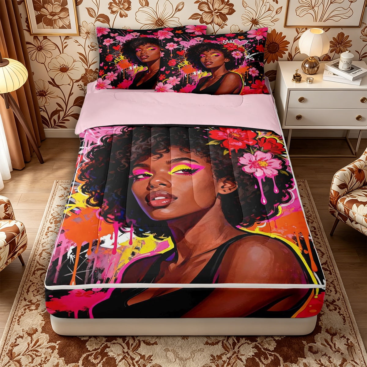 Castle Fairy Black Girl Chic Floral Zipper Full Size Comforter Sets ...