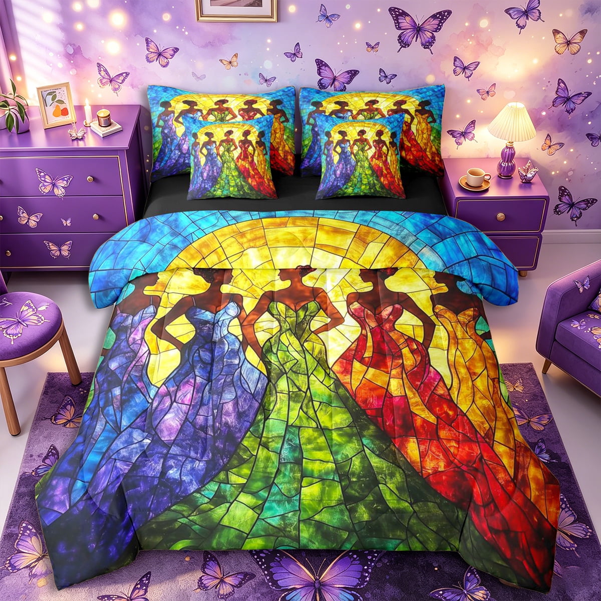 Castle Fairy Black Girl Full Size Bedding Sets 7 Pieces,Colorful Mosaic ...