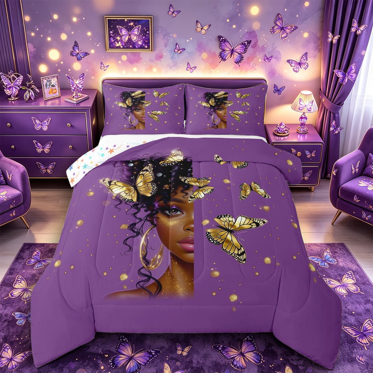 Castle Fairy Black Girl,Glod Butterfly Comforter Sets Queen,Purple ...