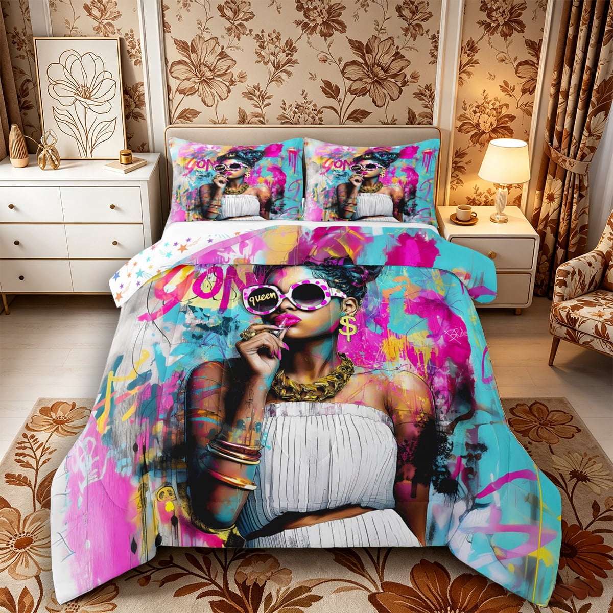 Castle Fairy Black Girl King Size Comforter Sets 3pcs,Colorful Graffiti ...