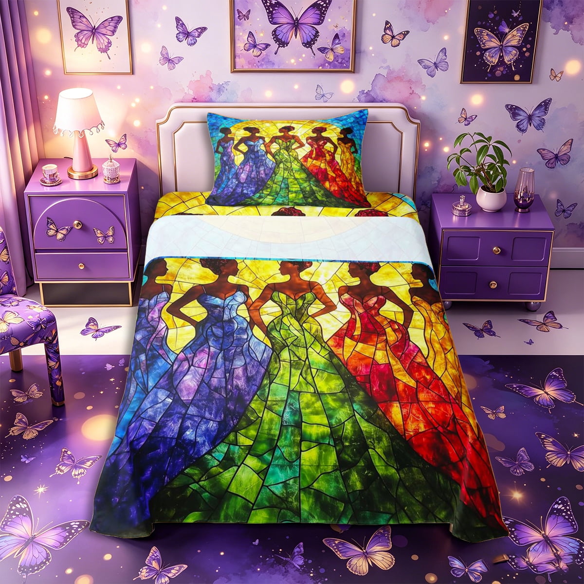 Castle Fairy Black Girl Twin Sheets 3pcs,Colorful Mosaic Window Style ...