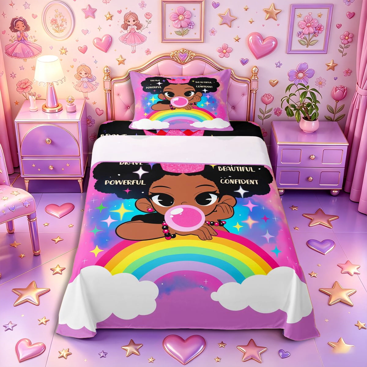 Castle Fairy Black Girl Twin Sheets 3pcs,Vibrant Rainbow Stars Print ...
