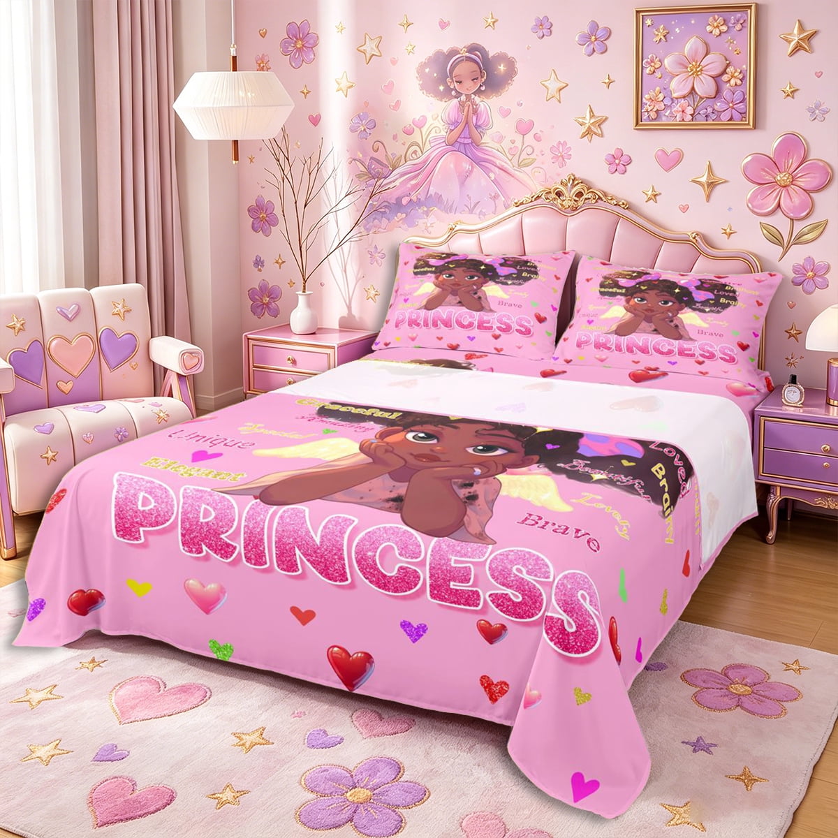 Castle Fairy Black Kawaii Princess Bed Sheets 4-Piece,Angel Heart Print ...