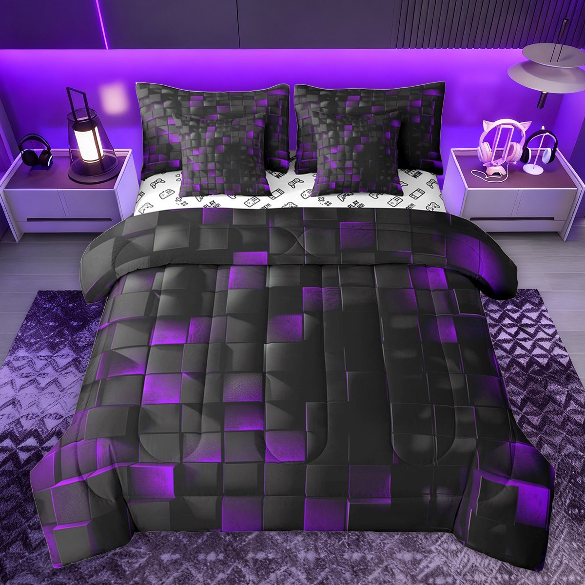 Castle Fairy Black Purple Plaid Bedding Comforter Set 7pcs for Kids ...