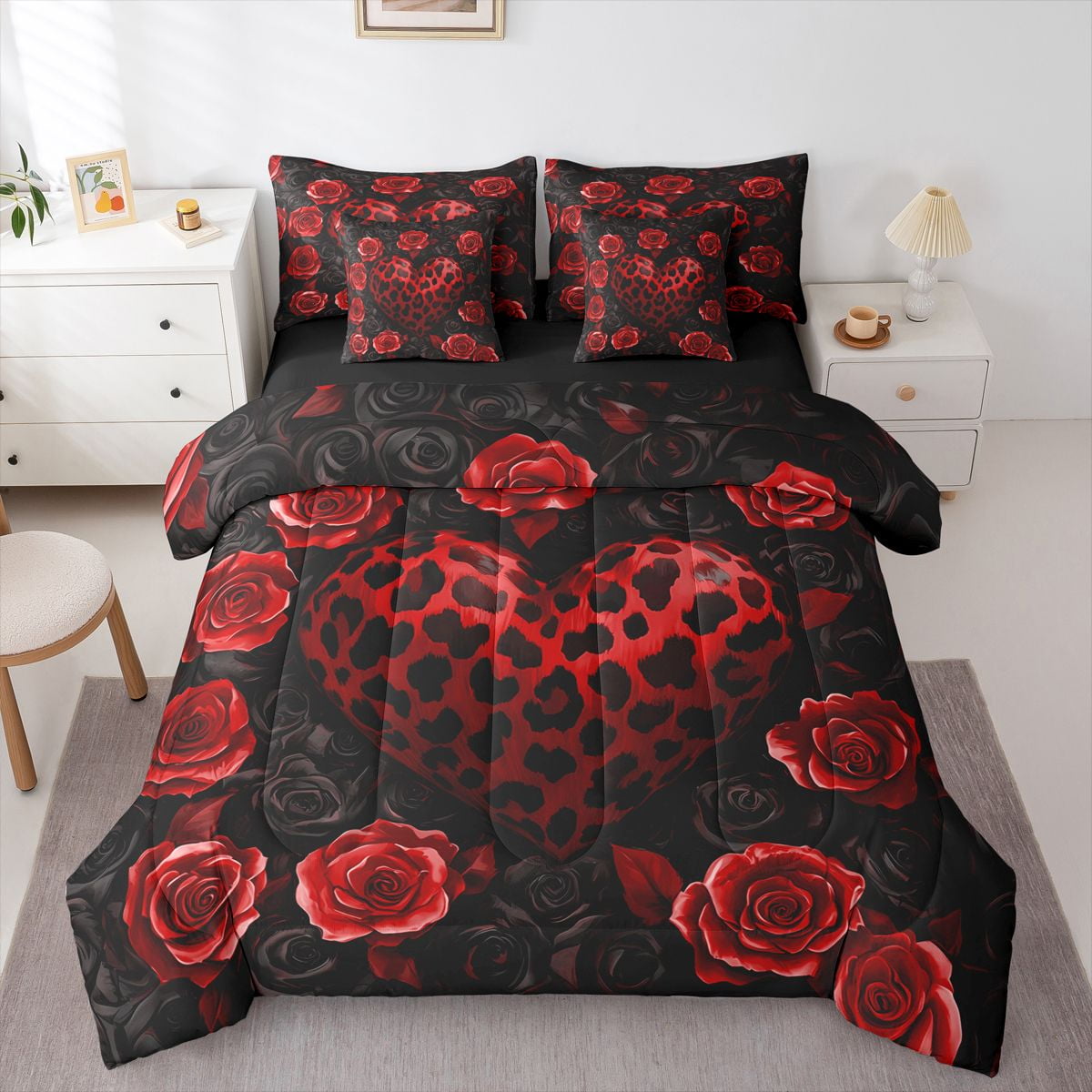 Castle Fairy Black Red Love Heart Bedding Comforter Set,Leopard Print ...