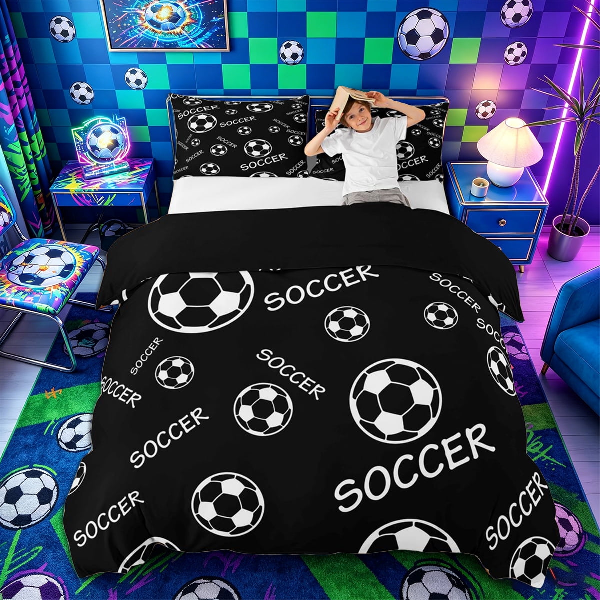 Castle Fairy Black Soccer Text Print Bedding, Minimalist Sport Ball ...