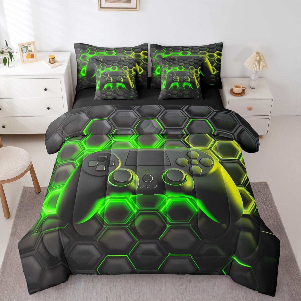 Castle Fairy Black Video Game Bedding Comforter Set,Geometric Honeycomb ...