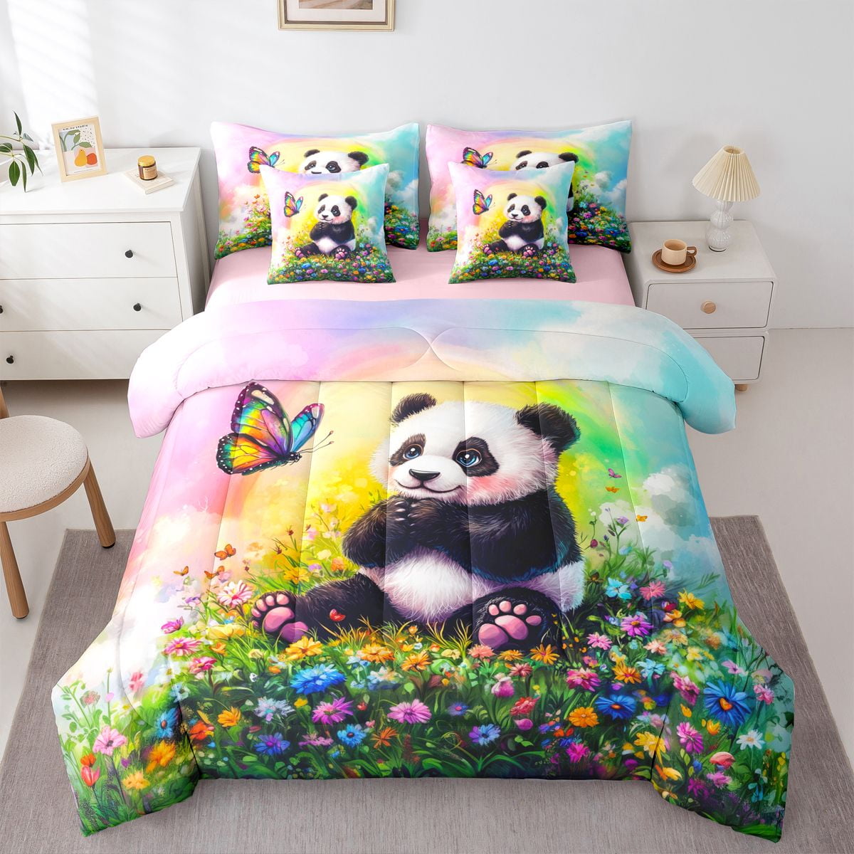 Castle Fairy Black White Panda Twin Bedding Sets,Floral Butterfly ...