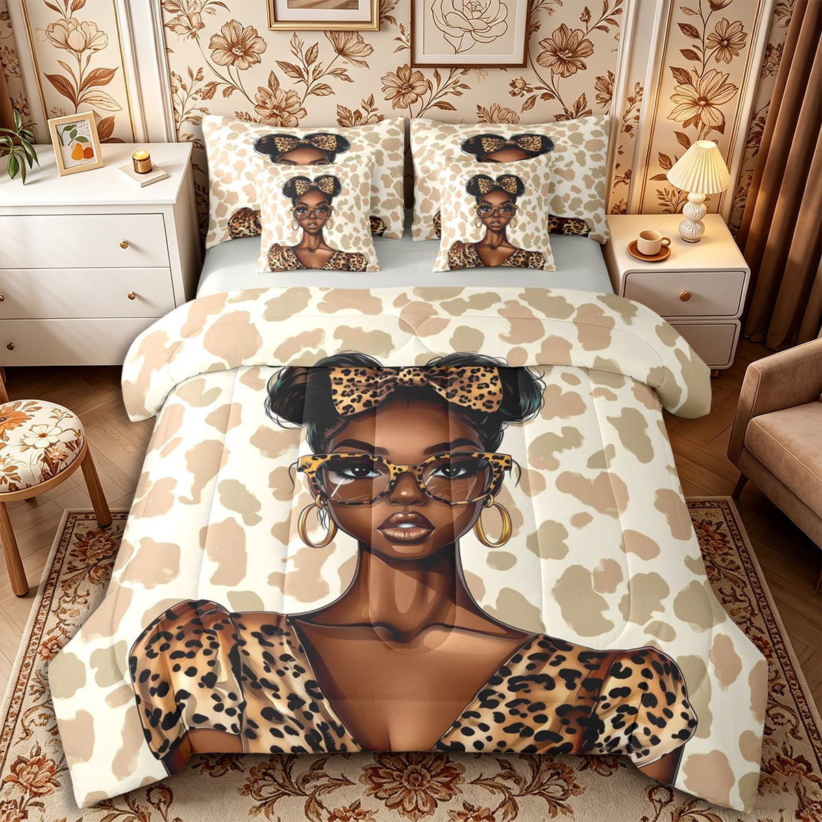 Castle Fairy Black Woman Full Size Bedding Sets 7 Pieces,Leopard Print ...