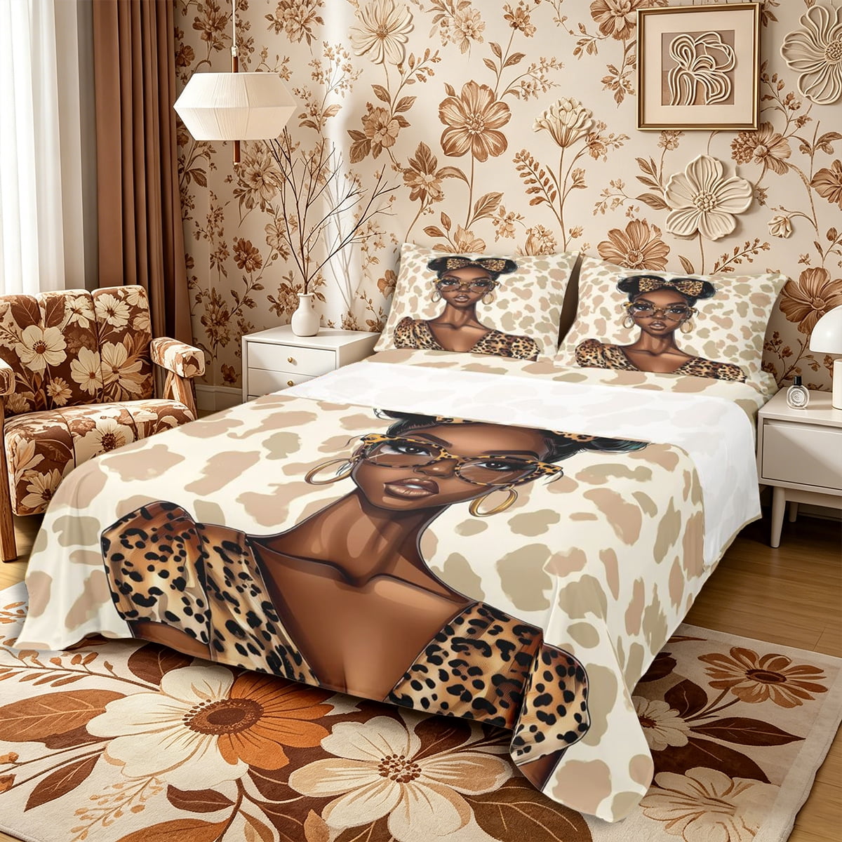 Castle Fairy Black Woman Queen Sheets 4 Pieces,Leopard Print Bow Queen ...
