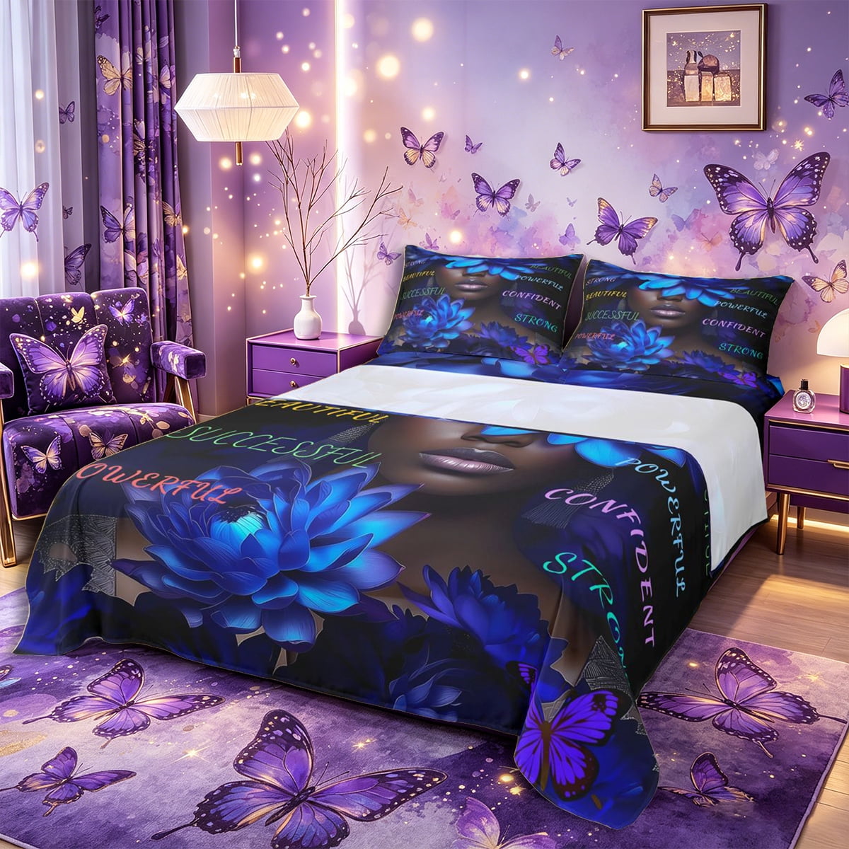 Castle Fairy Black Women Queen Sheets 4 Pieces,Glam Floral Quote ...