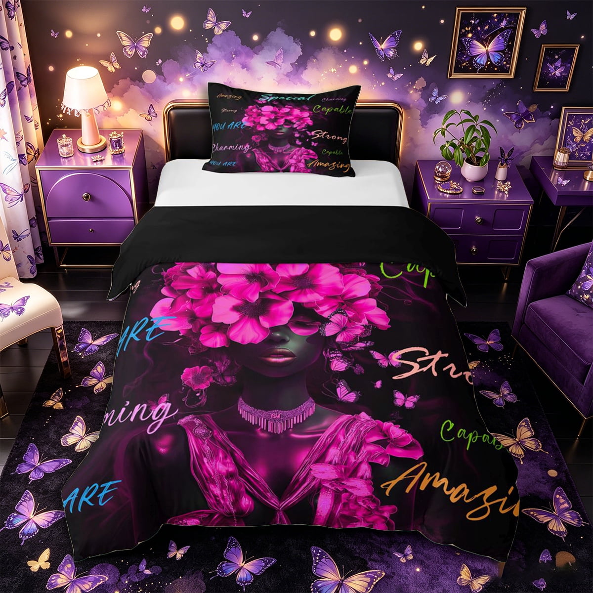 Castle Fairy Black Women Twin Duvet Cover,Glam Floral Quote Pattern ...