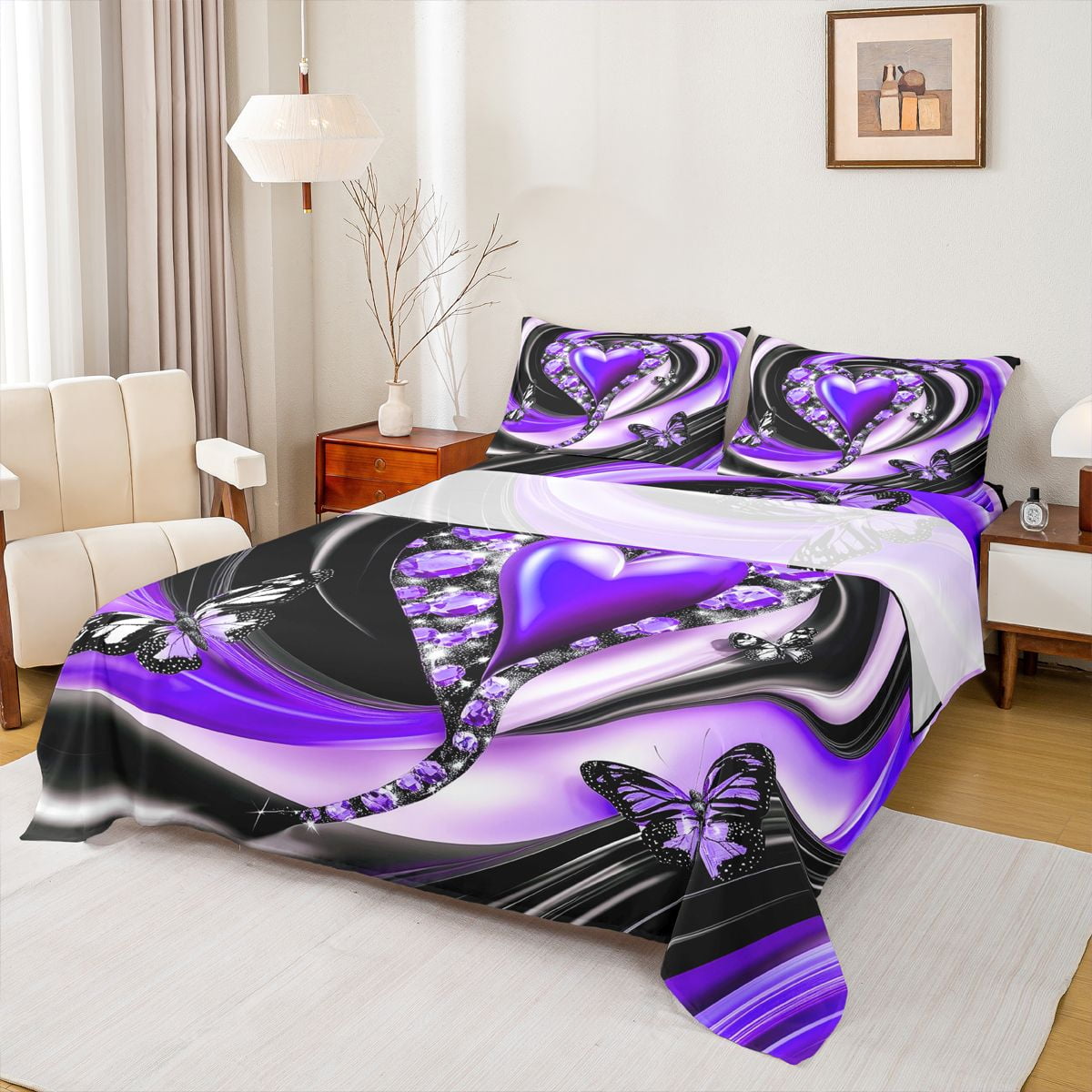 Castle Fairy Bling Crystal Bed Sheets,Love Heart Butterflies King ...