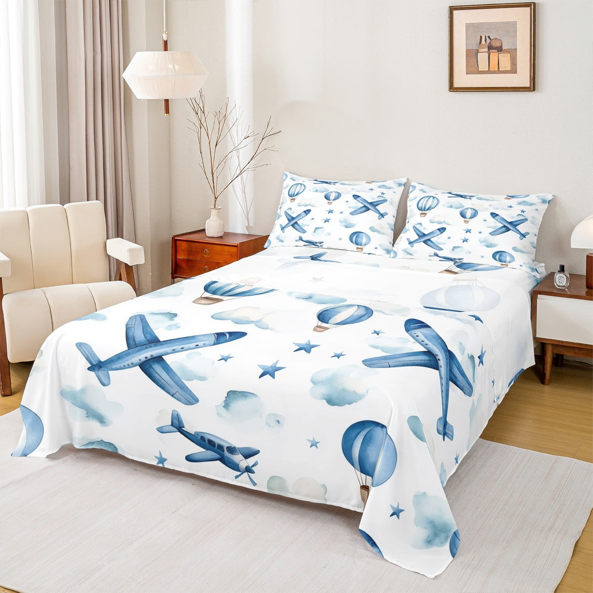 Castle Fairy Blue Airplane 4Pcs Bed Sheets for Children Preppy,Stars ...