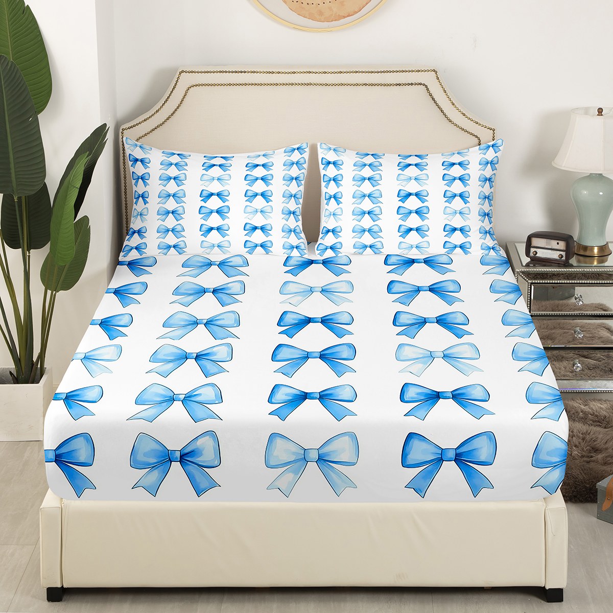 Castle Fairy Blue Bowknot 4 Pieces Queen Sheet Sets,Kawaii Bow Ultra ...