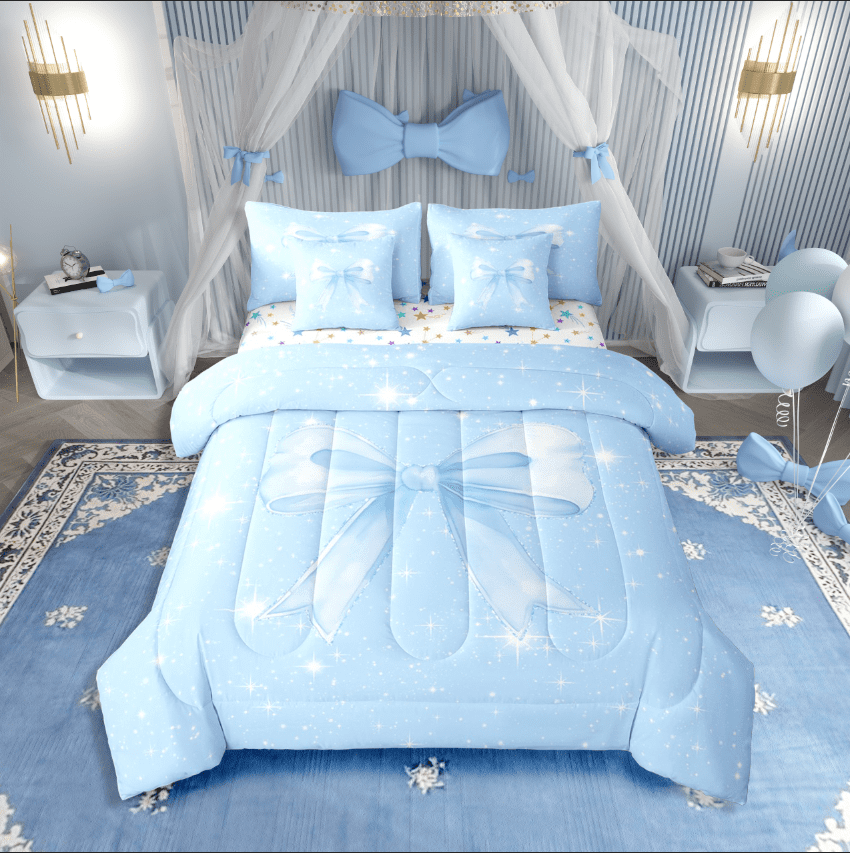 Castle Fairy Blue Bowknot 7 Pieces Bedding Comforter Set for Teens ...