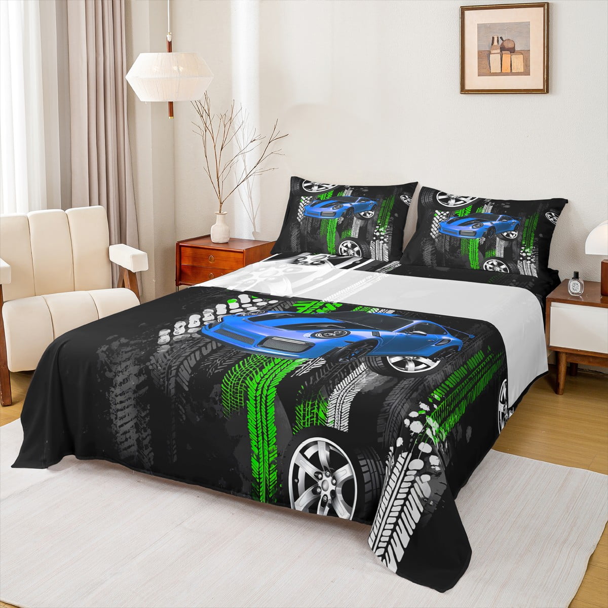 Castle Fairy Blue Car 4pcs Bed Sheets,Racing Car King Sheets,Extreme ...